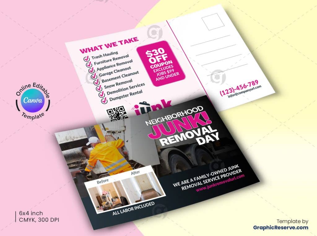 Junk Removal Pink Postcard Template Canva Design - Direct Mail Template Junk Removal Pink Postcard Template Canva Design - Direct Mail Template